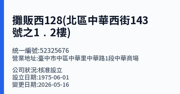 攤販西128(北區中華西街143號之1﹒2樓)的照片-統編 52325676(臺中市) 公司登記資料與營業項目詳細圖表