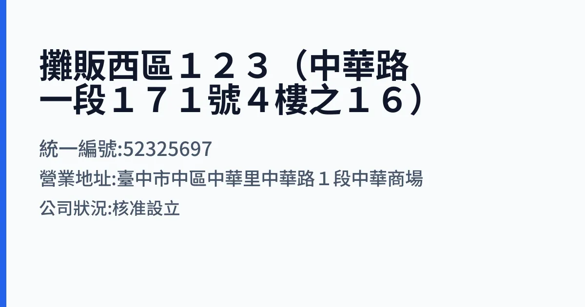 攤販西區123(中華路一段171號4樓之16) - 統編 52325697(臺中市) 公司登記資料與營業項目詳細圖表