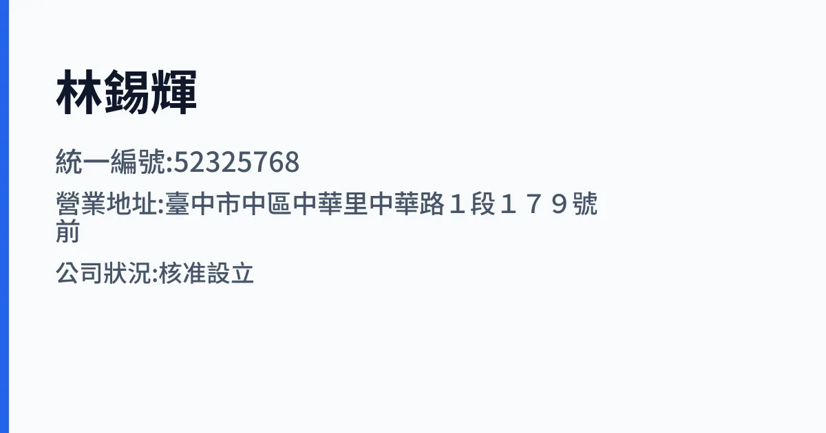林錫輝 - 統編 52325768(臺中市) 公司登記資料與營業項目詳細圖表
