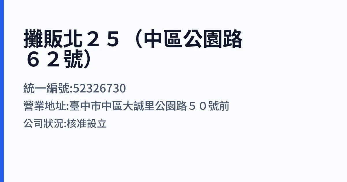 攤販北２５（中區公園路６２號） - 統編 52326730(臺中市) 公司登記資料與營業項目詳細圖表