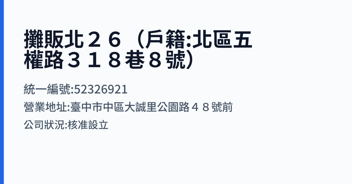 攤販北26(戶籍:北區五權路318巷8號) - 統編 52326921(臺中市) 公司登記資料與營業項目詳細圖表