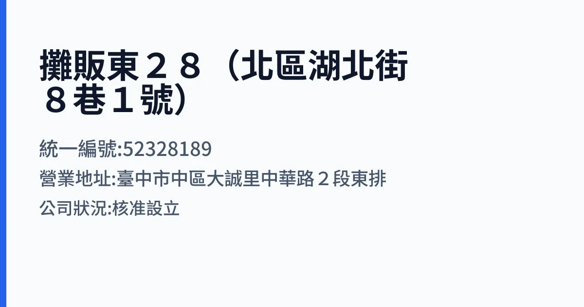 攤販東２８（北區湖北街８巷１號） - 統編 52328189(臺中市) 公司登記資料與營業項目詳細圖表