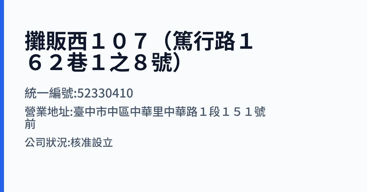 攤販西１０７（篤行路１６２巷１之８號） - 統編 52330410（臺中市） 公司登記資料與營業項目詳細圖表
