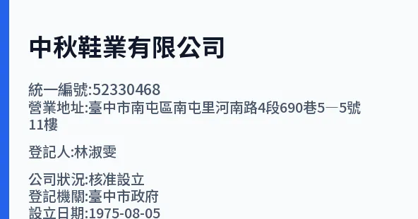 中秋鞋業有限公司的照片-統編 52330468(臺中市) 公司登記資料與營業項目詳細圖表