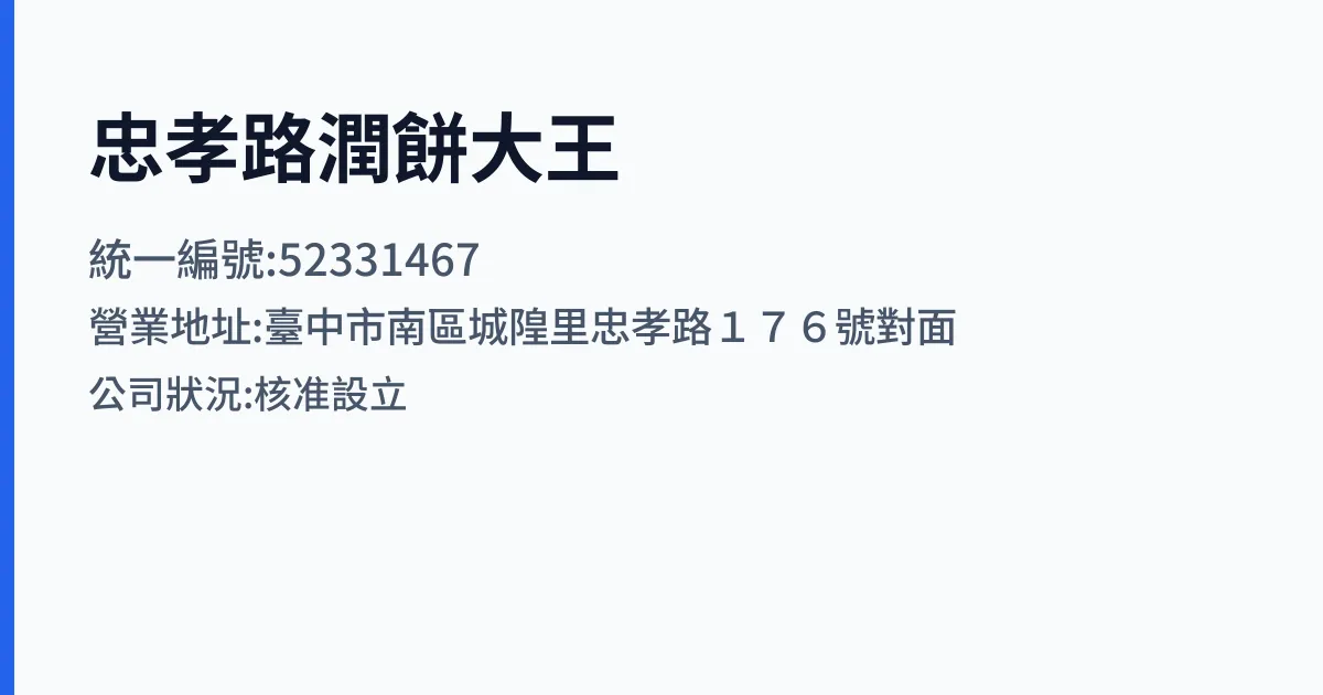 忠孝路潤餅大王 - 統編 52331467(臺中市) 公司登記資料與營業項目詳細圖表