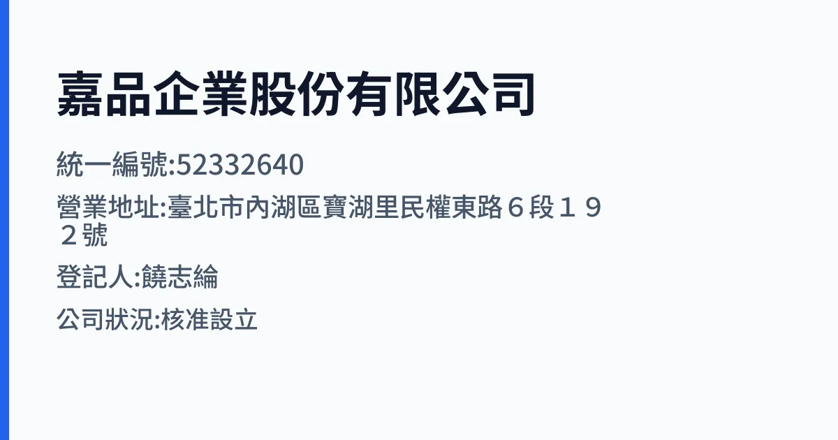 嘉品企業股份有限公司 - 統編 52332640(臺北市) 公司登記資料與營業項目詳細圖表