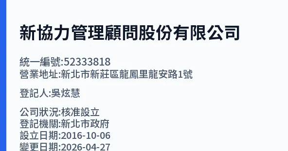 新協力管理顧問股份有限公司的照片-統編 52333818(新北市) 公司登記資料與營業項目詳細圖表