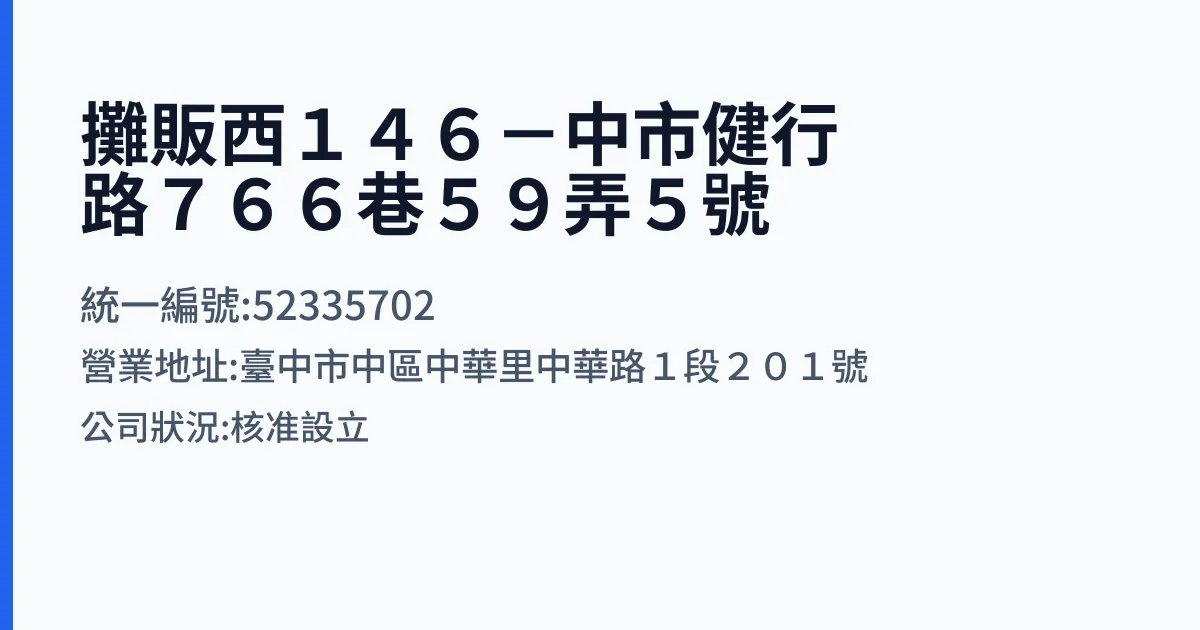 攤販西146-中市健行路766巷59弄5號 - 統編 52335702(臺中市) 公司登記資料與營業項目詳細圖表