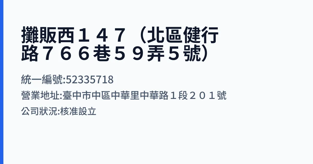 攤販西１４７（北區健行路７６６巷５９弄５號） - 統編 52335718(臺中市) 公司登記資料與營業項目詳細圖表