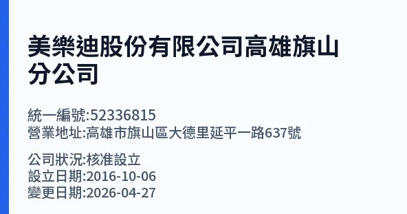 美樂迪股份有限公司高雄旗山分公司的照片-統編 52336815(高雄市) 公司登記資料與營業項目詳細圖表