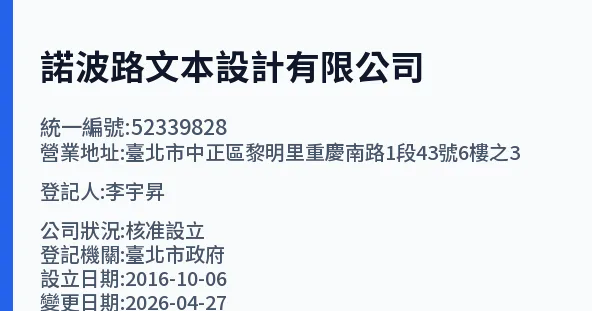 諾波路文本設計有限公司的照片-統編 52339828(臺北市) 公司登記資料與營業項目詳細圖表