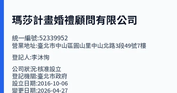 瑪莎計畫婚禮顧問有限公司的照片-統編 52339952(臺北市) 公司登記資料與營業項目詳細圖表