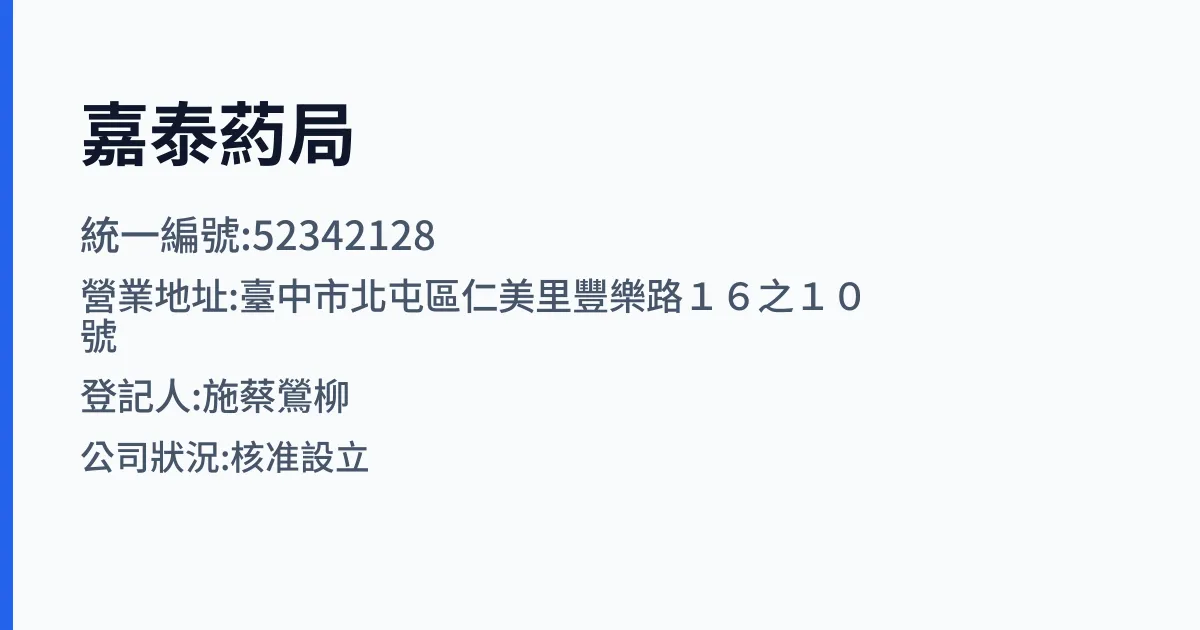 嘉泰葯局 - 統編 52342128(臺中市) 公司登記資料與營業項目詳細圖表