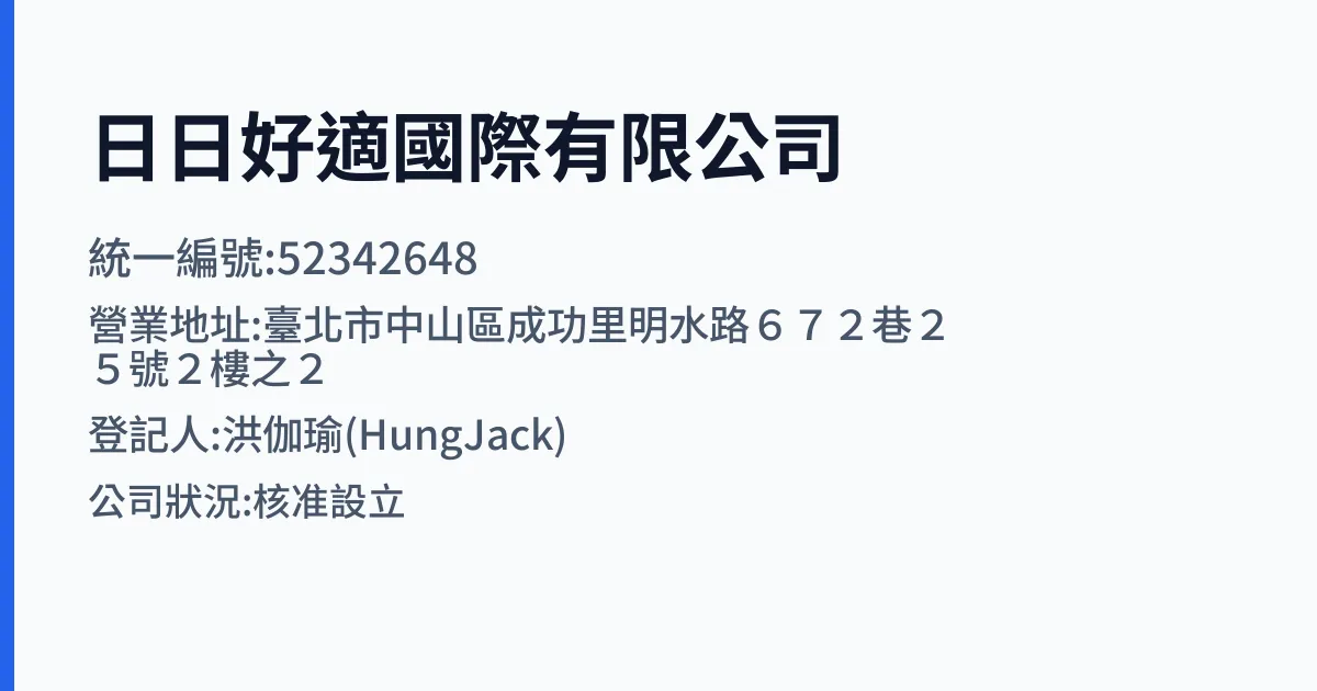 日日好適國際有限公司 - 統編 52342648(臺北市) 公司登記資料與營業項目詳細圖表