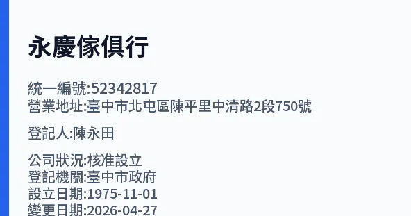 永慶傢俱行的照片-統編 52342817(臺中市) 公司登記資料與營業項目詳細圖表