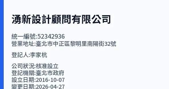 湧新設計顧問有限公司的照片-統編 52342936(臺北市) 公司登記資料與營業項目詳細圖表