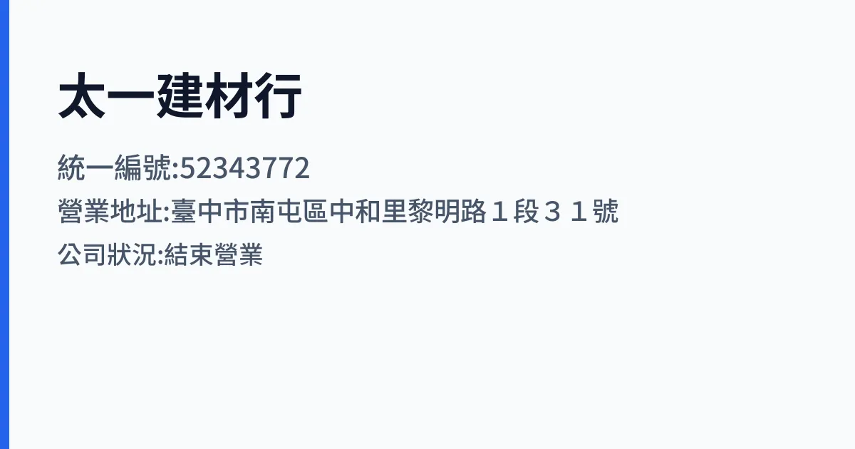 太一建材行 - 統編 52343772(臺中市) 公司登記資料與營業項目詳細圖表