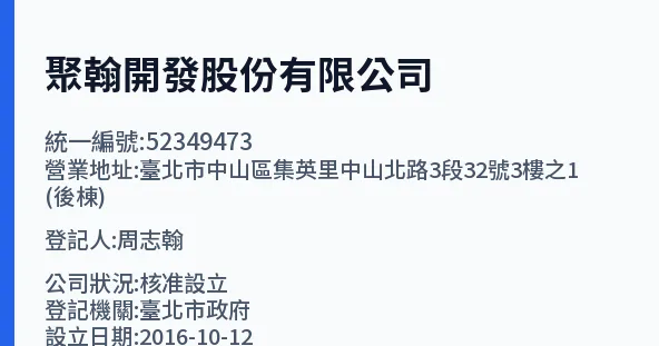 聚翰開發股份有限公司的照片-統編 52349473(臺北市) 公司登記資料與營業項目詳細圖表