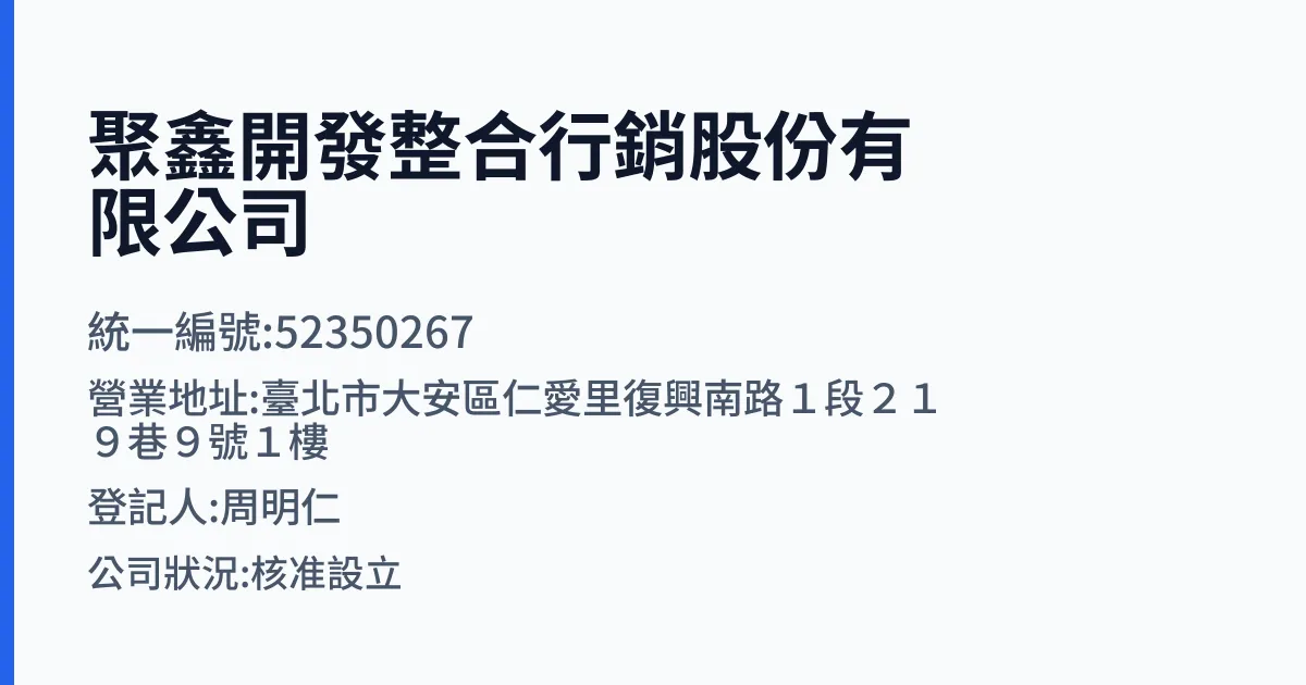 聚鑫開發整合行銷股份有限公司 - 統編 52350267(臺北市) 公司登記資料與營業項目詳細圖表
