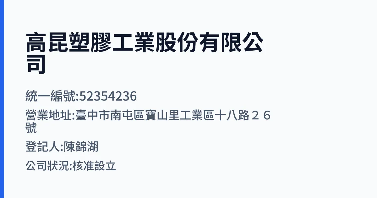 高昆塑膠工業股份有限公司 - 統編 52354236(臺中市) 公司登記資料與營業項目詳細圖表