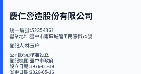 慶仁營造股份有限公司的照片-統編 52354361(臺中市) 公司登記資料與營業項目詳細圖表