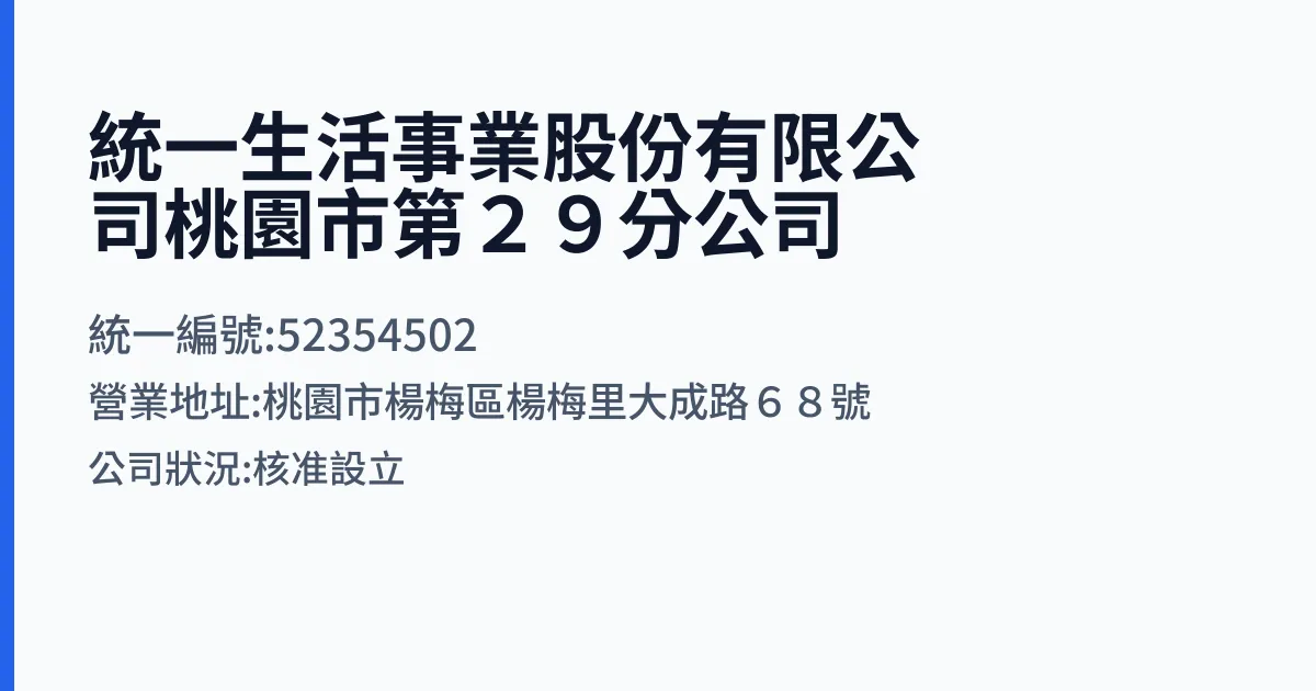 統一生活事業股份有限公司桃園市第29分公司 - 統編 52354502(桃園市) 公司登記資料與營業項目詳細圖表