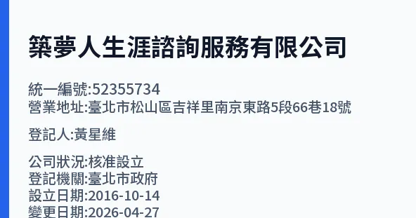 築夢人生涯諮詢服務有限公司的照片-統編 52355734(臺北市) 公司登記資料與營業項目詳細圖表