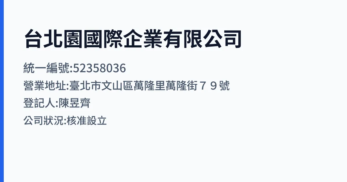 台北園國際企業有限公司 - 統編 52358036(臺北市) 公司登記資料與營業項目詳細圖表