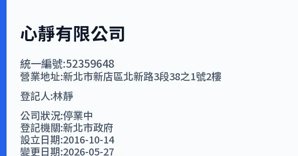 心靜有限公司的照片-統編 52359648(新北市) 公司登記資料與營業項目詳細圖表