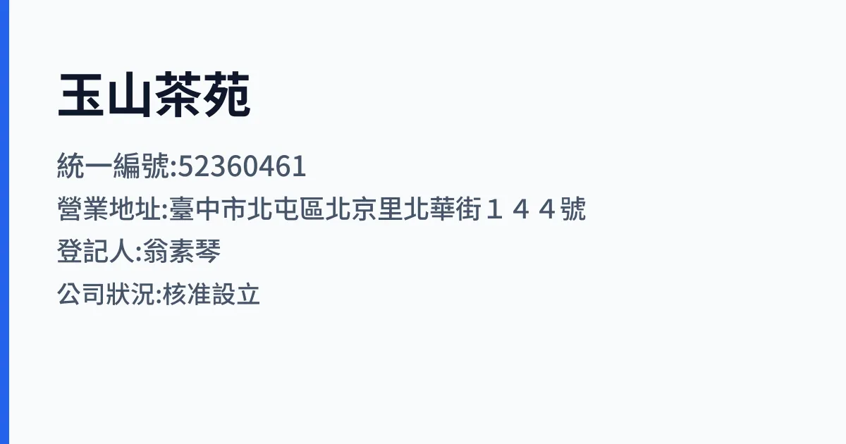 玉山茶苑 - 統編 52360461(臺中市) 公司登記資料與營業項目詳細圖表