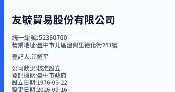 友毓貿易股份有限公司的照片-統編 52360700(臺中市) 公司登記資料與營業項目詳細圖表