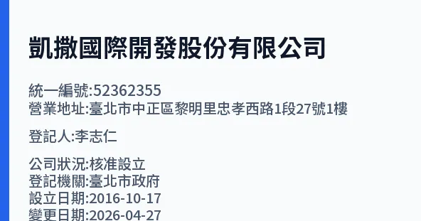 凱撒國際開發股份有限公司的照片-統編 52362355(臺北市) 公司登記資料與營業項目詳細圖表
