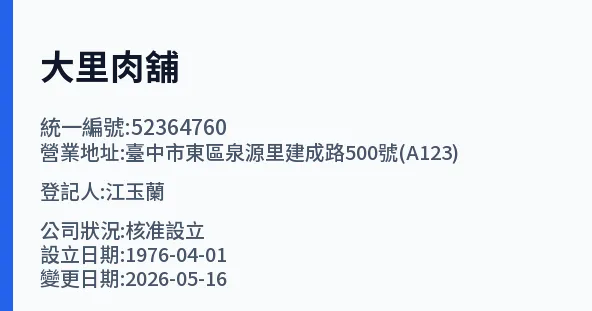 大里肉舖的照片-統編 52364760(臺中市) 公司登記資料與營業項目詳細圖表