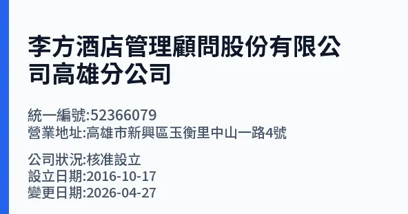 李方酒店管理顧問股份有限公司高雄分公司的照片-統編 52366079(高雄市) 公司登記資料與營業項目詳細圖表