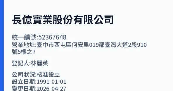 長億實業股份有限公司的照片-統編 52367648(臺中市) 公司登記資料與營業項目詳細圖表