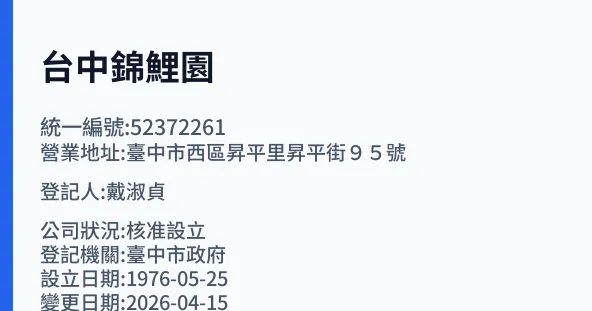 台中錦鯉園的照片-統編 52372261(臺中市) 公司登記資料與營業項目詳細圖表
