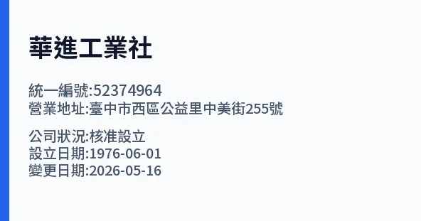 華進工業社的照片-統編 52374964(臺中市) 公司登記資料與營業項目詳細圖表