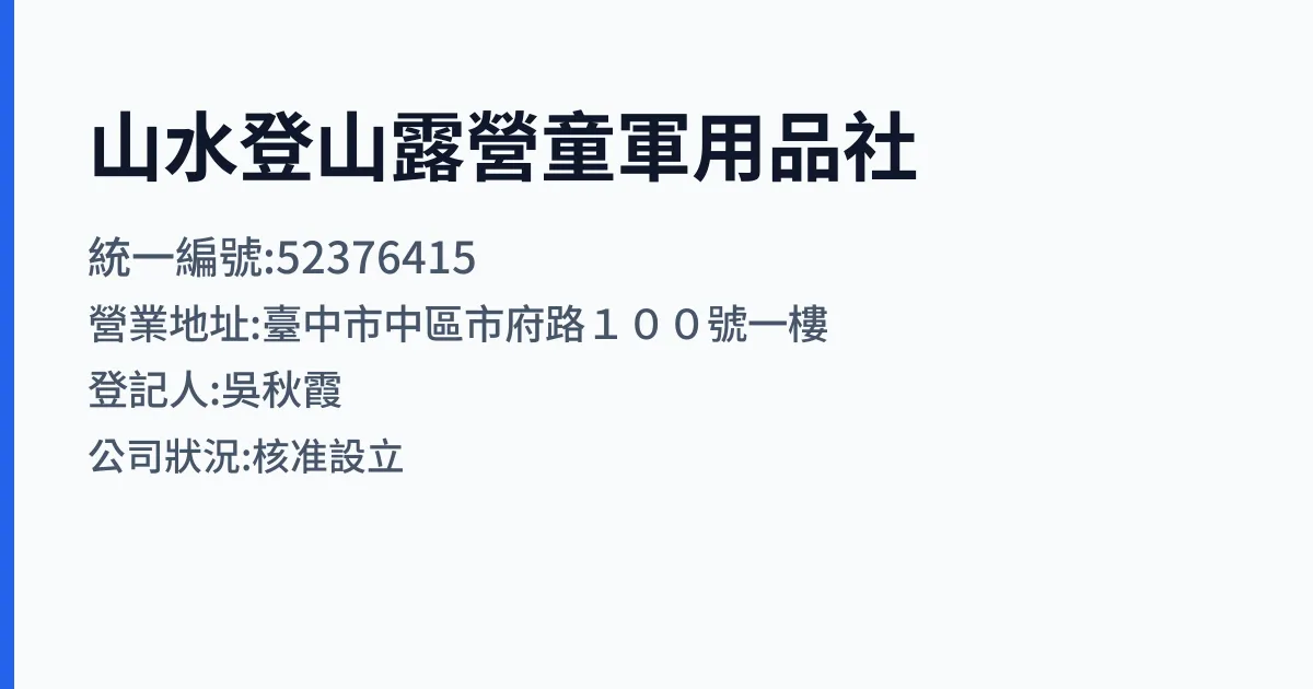 山水登山露營童軍用品社 - 統編 52376415(臺中市) 公司登記資料與營業項目詳細圖表