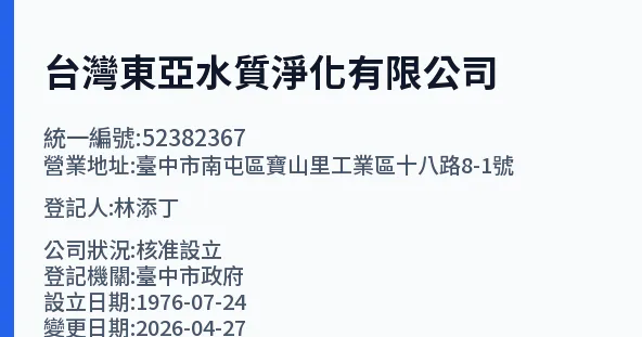 台灣東亞水質淨化有限公司的照片-統編 52382367(臺中市) 公司登記資料與營業項目詳細圖表