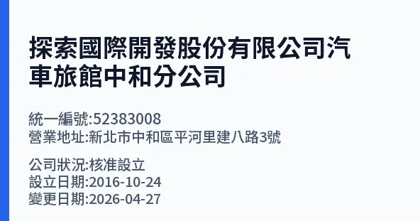 探索國際開發股份有限公司汽車旅館中和分公司的照片-統編 52383008(新北市) 公司登記資料與營業項目詳細圖表