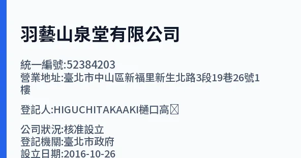 羽藝山泉堂有限公司的照片-統編 52384203(臺北市) 公司登記資料與營業項目詳細圖表