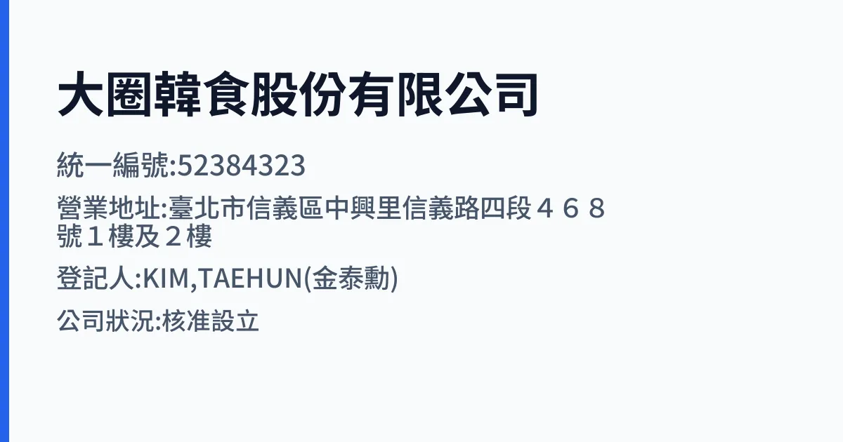 大圈韓食股份有限公司 - 統編 52384323(臺北市) 公司登記資料與營業項目詳細圖表