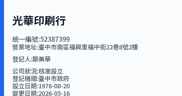 光華印刷行的照片-統編 52387399(臺中市) 公司登記資料與營業項目詳細圖表