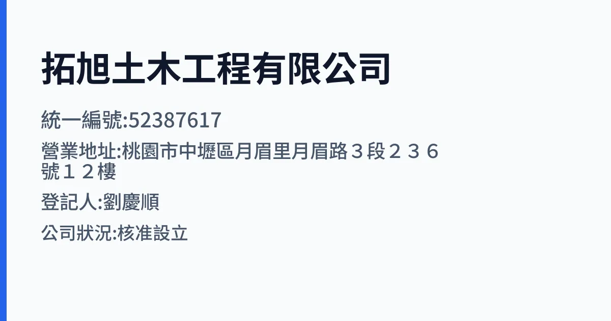 拓旭土木工程有限公司 - 統編 52387617(桃園市) 公司登記資料與營業項目詳細圖表