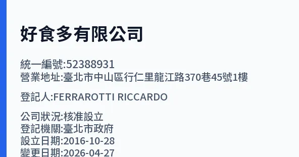 好食多有限公司的照片-統編 52388931(臺北市) 公司登記資料與營業項目詳細圖表