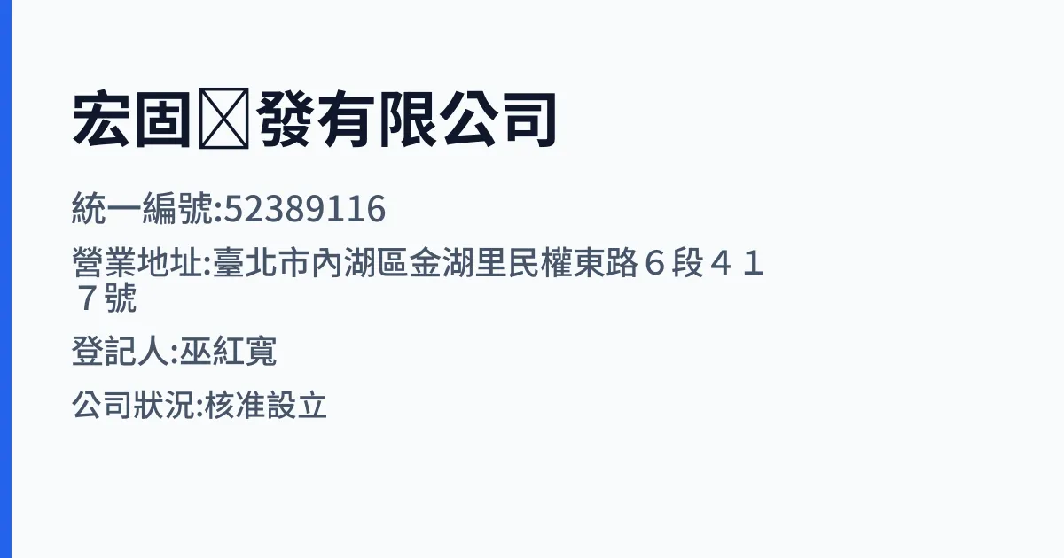 宏固硏發有限公司 - 統編 52389116(臺北市) 公司登記資料與營業項目詳細圖表