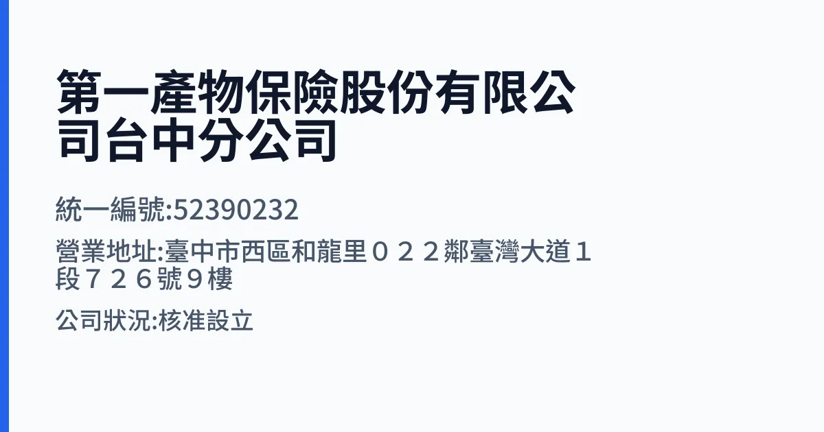 第一產物保險股份有限公司台中分公司 - 統編 52390232(臺中市) 公司登記資料與營業項目詳細圖表