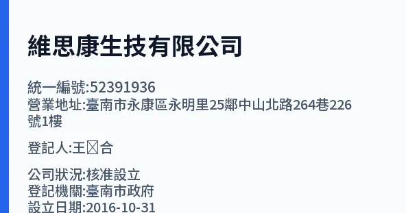維思康生技有限公司的照片-統編 52391936(臺南市) 公司登記資料與營業項目詳細圖表