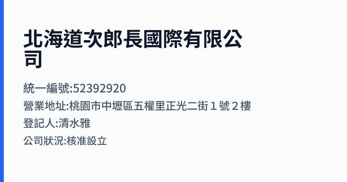 北海道次郎長國際有限公司 - 統編 52392920(臺中市) 公司登記資料與營業項目詳細圖表