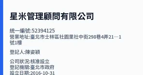 星米管理顧問有限公司的照片-統編 52394125(臺北市) 公司登記資料與營業項目詳細圖表